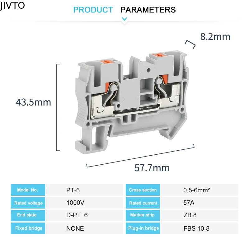 PT6 Push-in Terminal Block Din Rail 6mm² Screwless Spring Feed-Through ...